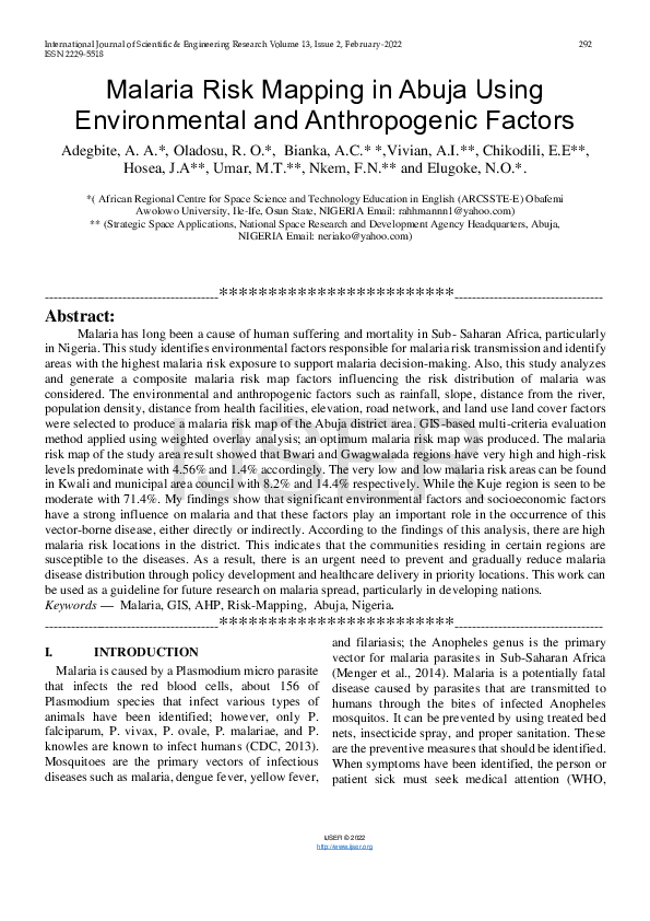 (PDF) Malaria Risk Mapping in Abuja Using Environmental and Anthropogenic Factors