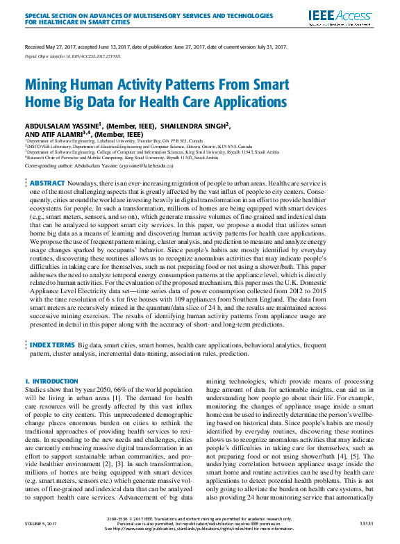 (PDF) Mining Human Activity Patterns From Smart Home Big Data for Health Care Applications ...