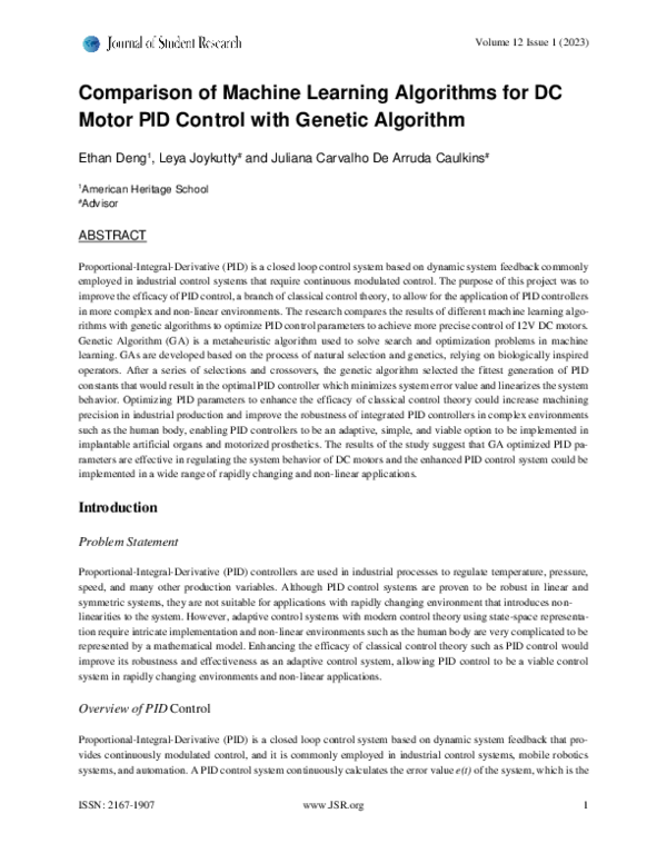 Pdf Comparison Of Machine Learning Algorithms For Dc Motor Pid Control With Genetic Algorithm