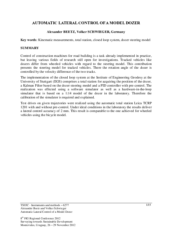 (PDF) Automatic lateral control of a model dozer
