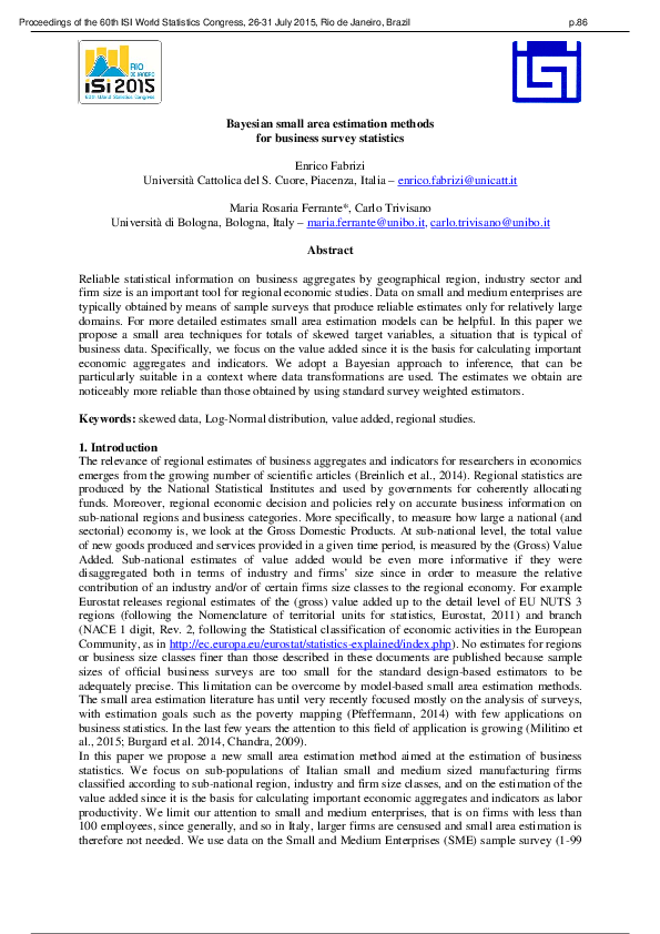(PDF) Bayesian small area estimation methods for business survey statistics