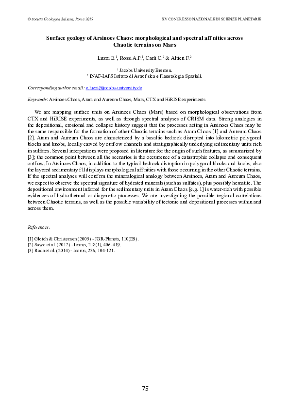 (PDF) Surface geology of Arsinoes Chaos: morphological and spectral aff ...