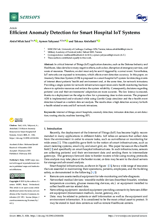 (PDF) Efficient Anomaly Detection for Smart Hospital IoT Systems