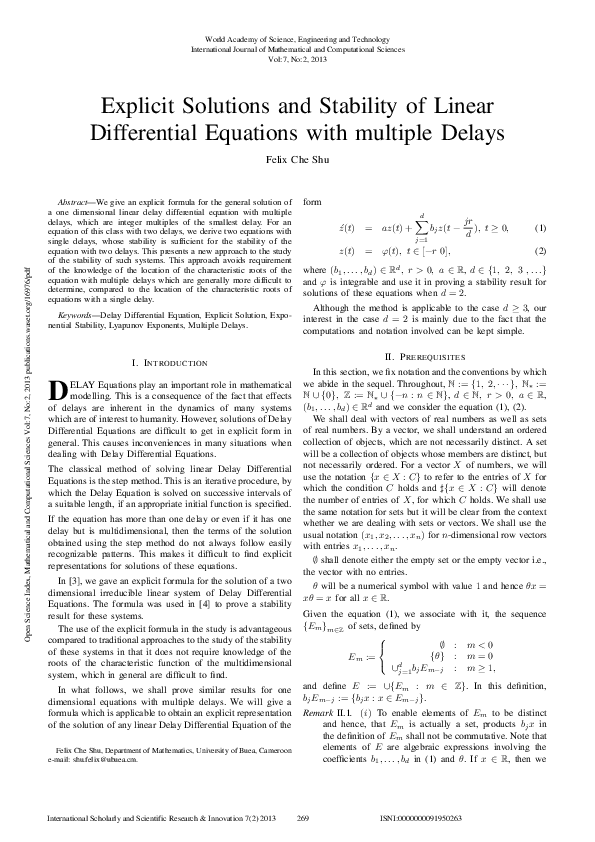 (PDF) Explicit Solutions And Stability Of Linear Differential Equations With Multiple Delays