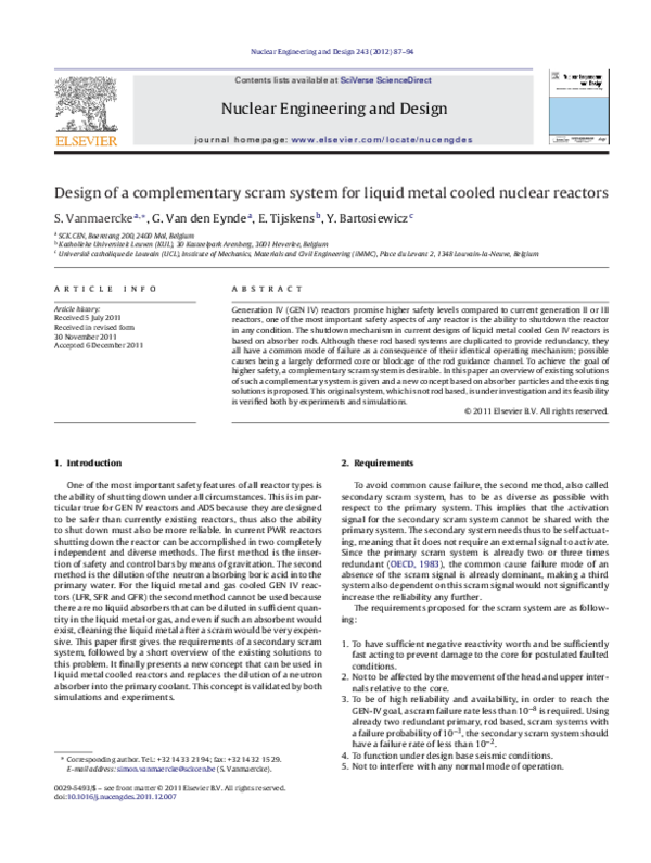 (PDF) Design of a complementary scram system for liquid metal cooled ...