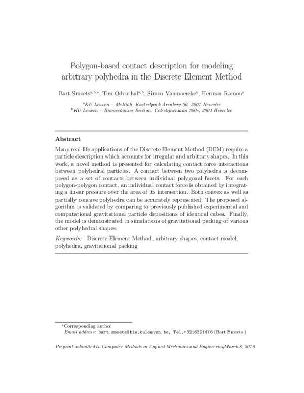 Pdf Polygon Based Contact Description For Modeling Arbitrary Polyhedra In The Discrete Element