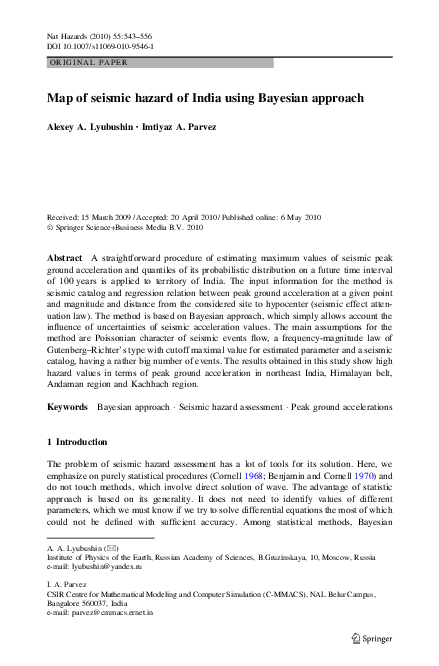 (PDF) Map of seismic hazard of India using Bayesian approach