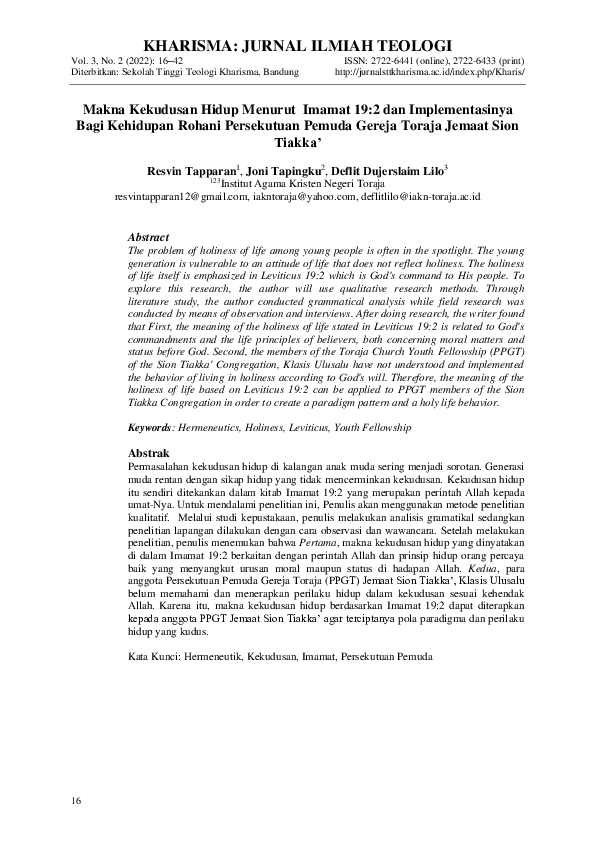 (PDF) Makna Kekudusan Hidup Menurut Imamat 19:2 Dan Implementasinya ...