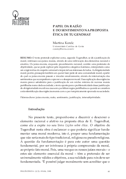 (PDF) Papel Da Razão e Do Sentimento Na Proposta Ética De Tugendhat ...