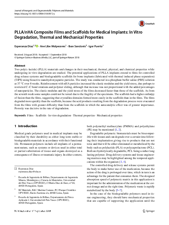 (PDF) PLLA/nHA Composite Films and Scaffolds for Medical Implants: In Vitro Degradation, Thermal ...