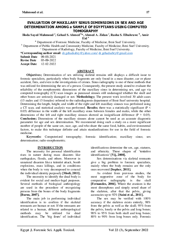 Pdf Evaluation Of Maxillary Sinus Dimensions In Sex And Age Determination Among A Sample Of