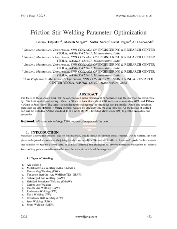 Pdf Friction Stir Welding Parameter Optimization
