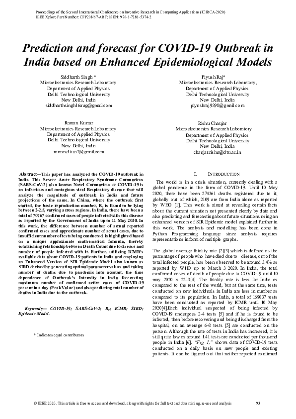 (PDF) Prediction and forecast for COVID-19 Outbreak in India based on ...