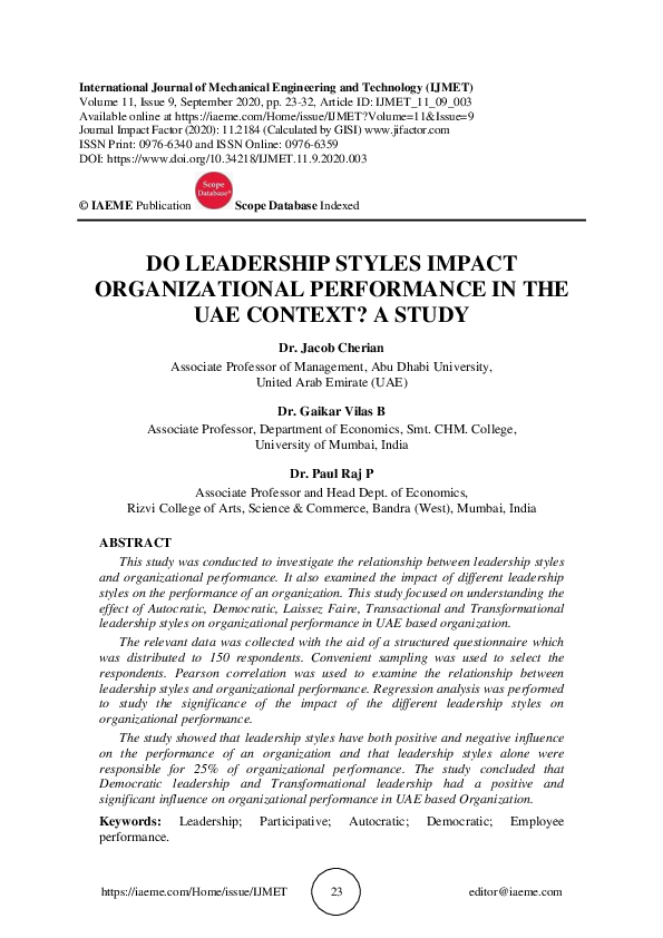 (PDF) Do Leadership Styles Impact Organizational Performance in the Uae Context? A Study