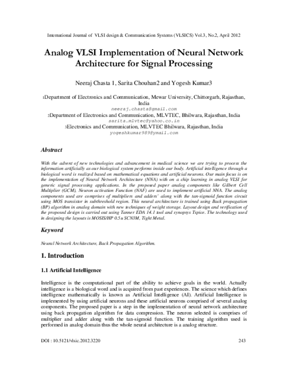 Pdf Analog Vlsi Implementation Of Neural Network Architecture For Signal Processing