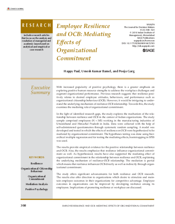 (PDF) Employee Resilience and OCB: Mediating Effects of Organizational Commitment