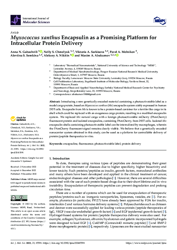 (PDF) Myxococcus xanthus Encapsulin as a Promising Platform for Intracellular Protein Delivery