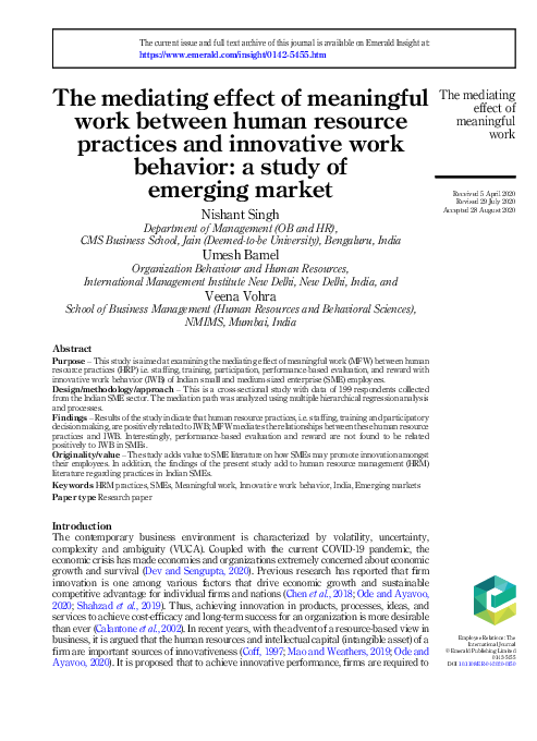 (PDF) The mediating effect of meaningful work between human resource practices and innovative ...