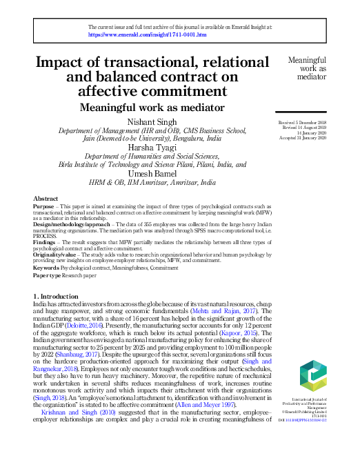 (PDF) Impact of transactional, relational and balanced contract on affective commitment