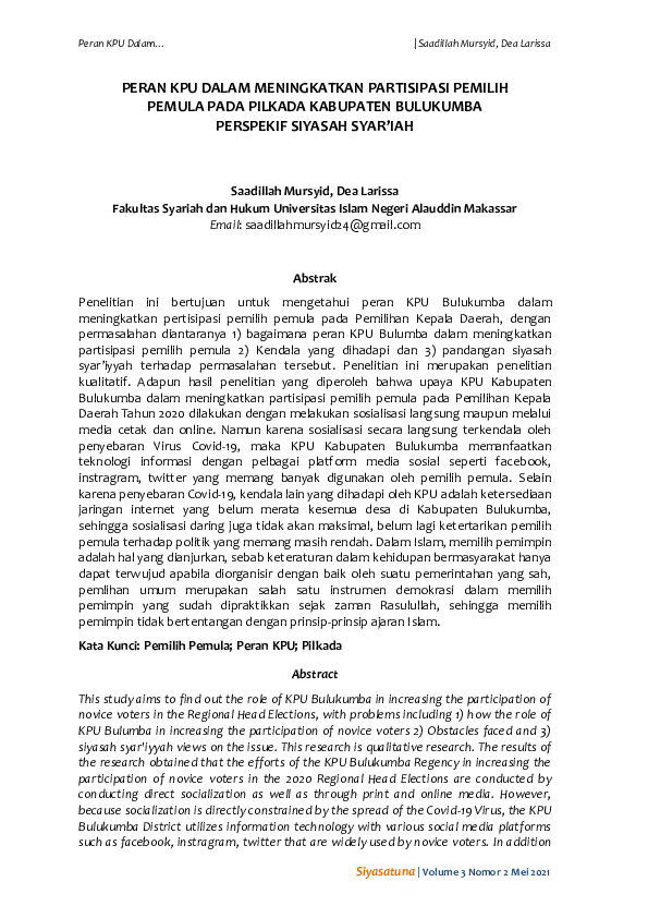 (PDF) Peran Kpu Dalam Meningkatkan Partisipasi Pemilih Pemula Pada Pilkada Kabupaten Bulukumba ...