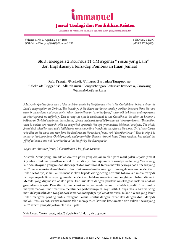 (PDF) Studi Eksegesis 2 Korintus 11:4 Mengenai "Yesus yang Lain" dan Implikasinya terhadap ...