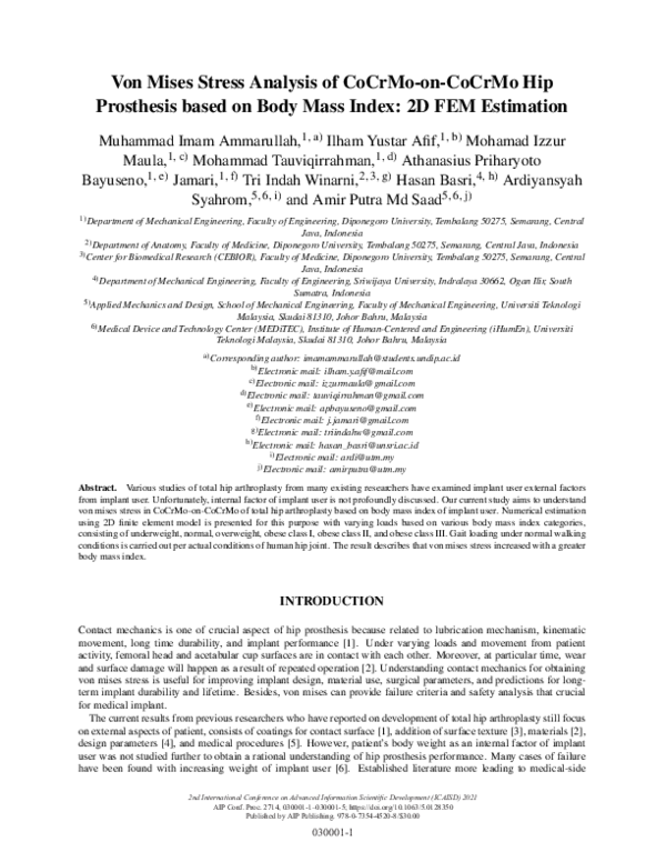 (PDF) Von Mises Stress Analysis of CoCrMo-on-CoCrMo Hip Prosthesis based on Body Mass Index: 2D ...
