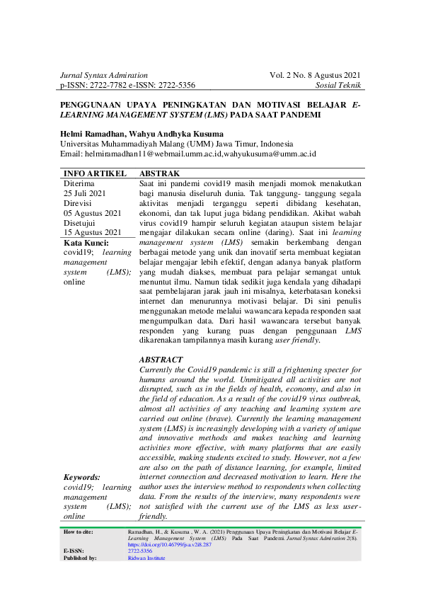 (PDF) Penggunaan Upaya Peningkatan dan Motivasi Belajar E- Learning Management System (LMS) Pada ...