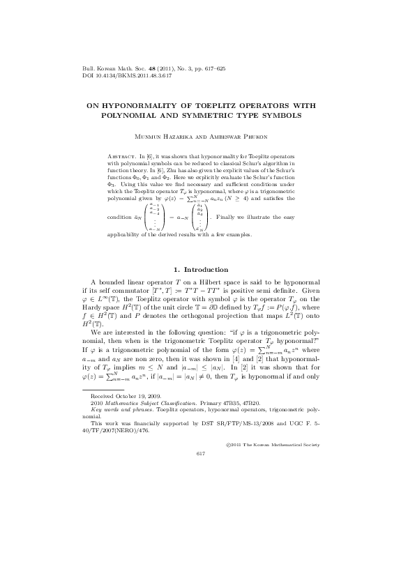 (PDF) On Hyponormality of Toeplitz Operators with Polynomial and Symmetric Type Symbols