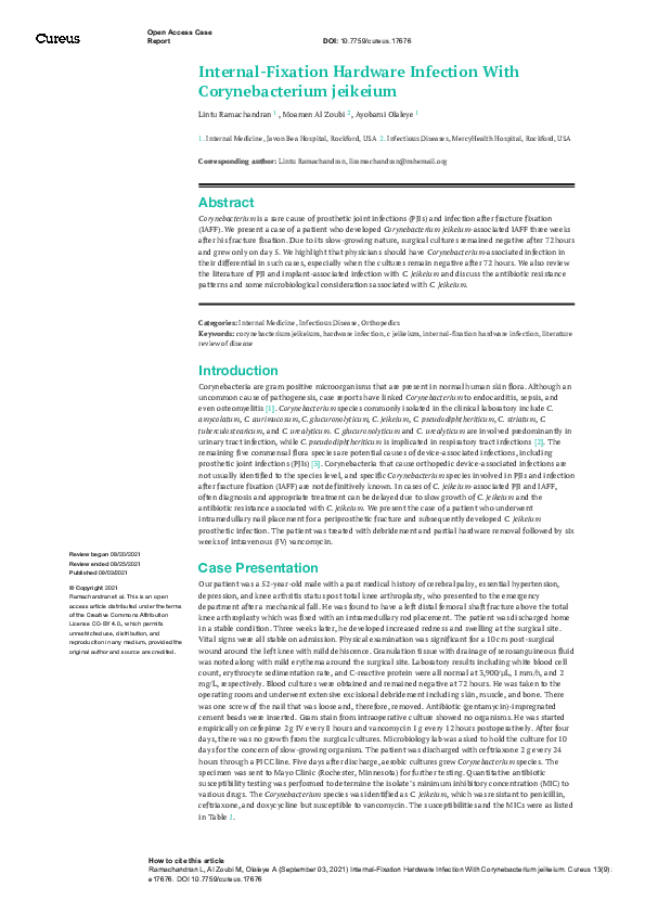 (PDF) Internal-Fixation Hardware Infection With Corynebacterium jeikeium