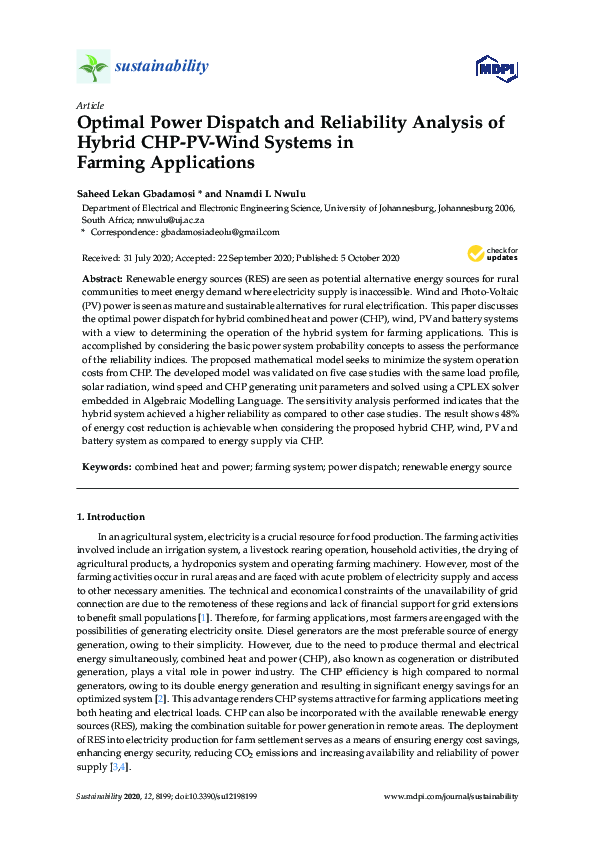 Pdf Optimal Power Dispatch And Reliability Analysis Of Hybrid Chp Pv