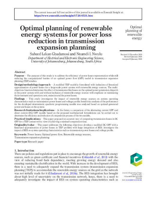 Pdf Optimal Planning Of Renewable Energy Systems For Power Loss