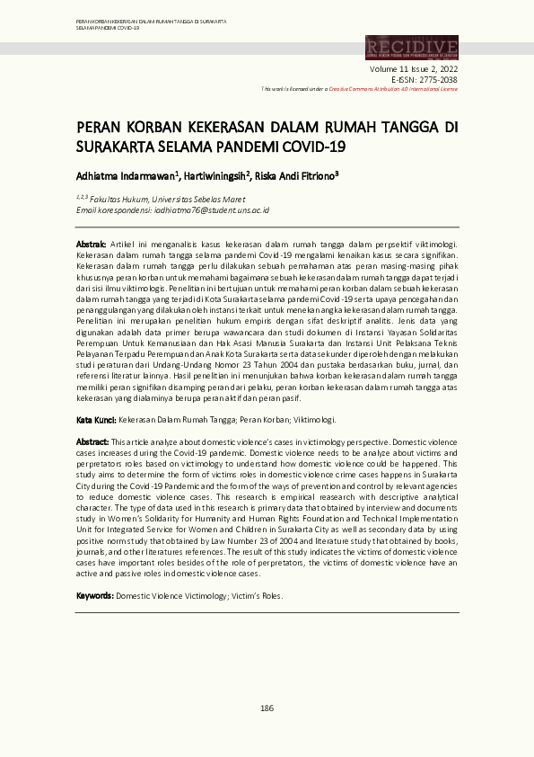 (PDF) Peran Korban Kekerasan Dalam Rumah Tangga DI Surakarta Selama Pandemi COVID-19
