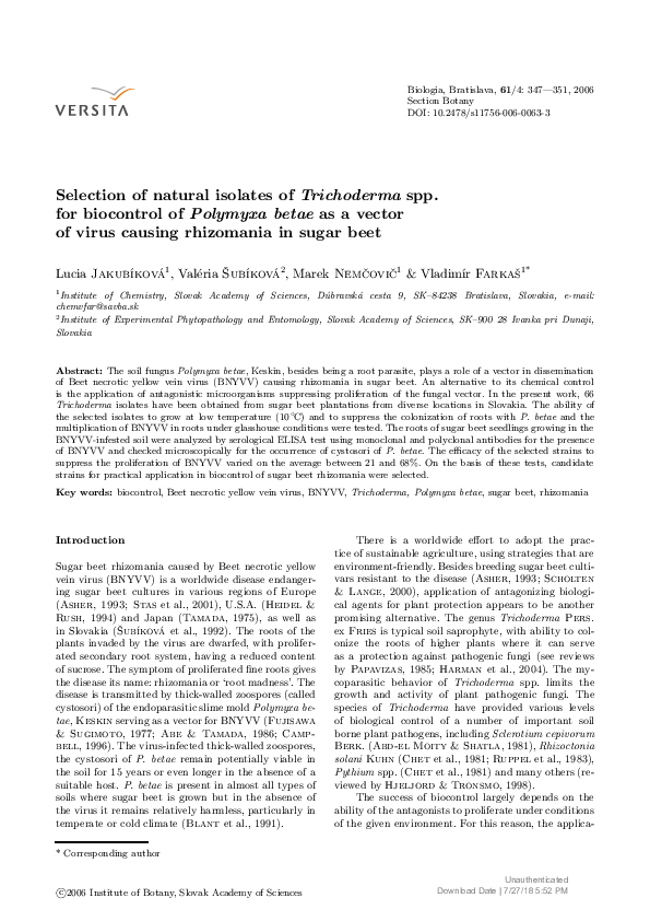 Pdf Selection Of Natural Isolates Of Trichoderma Spp For Biocontrol