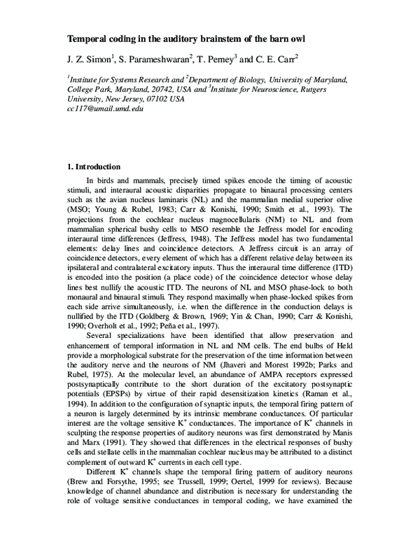 (PDF) Temporal coding in the auditory brainstem of the barn owl