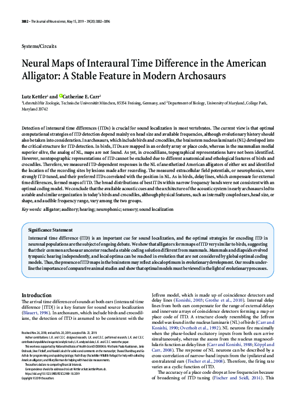 (PDF) Neural Maps of Interaural Time Difference in the American Alligator: A Stable Feature in ...