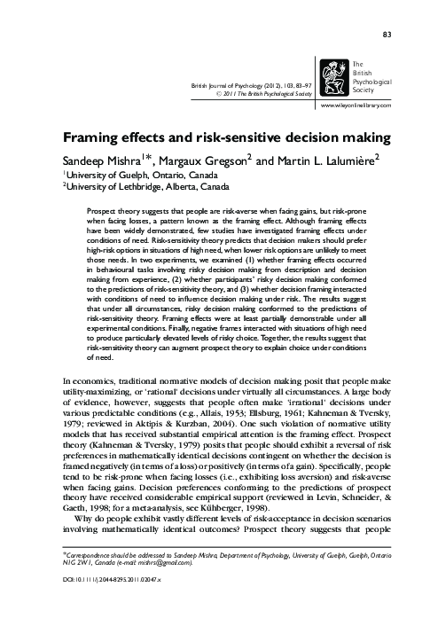 (PDF) Framing effects and risk-sensitive decision making