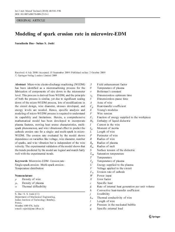 (PDF) Modeling of spark erosion rate in microwire-EDM
