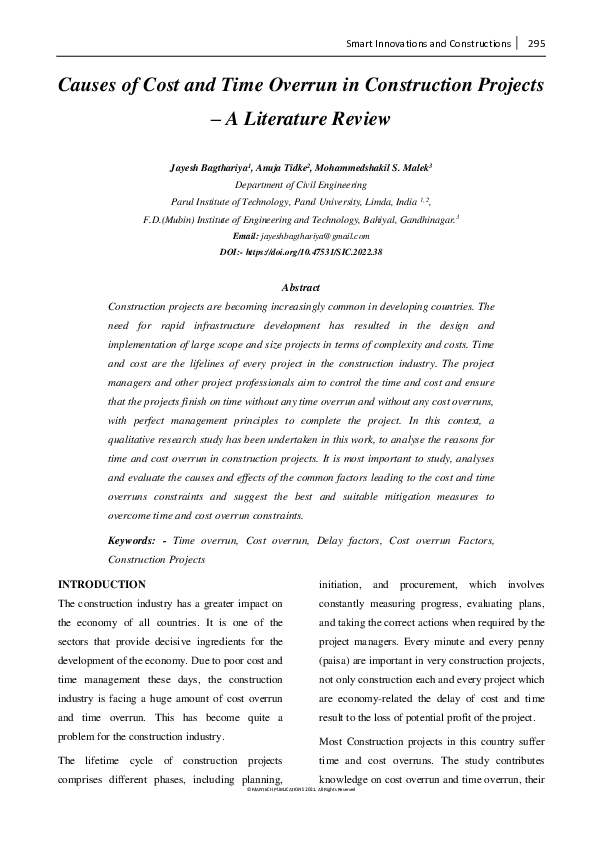 Pdf Causes Of Cost And Time Overrun In Construction Projects A Literature Review