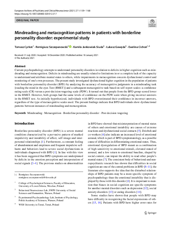 (PDF) Mindreading and metacognition patterns in patients with ...