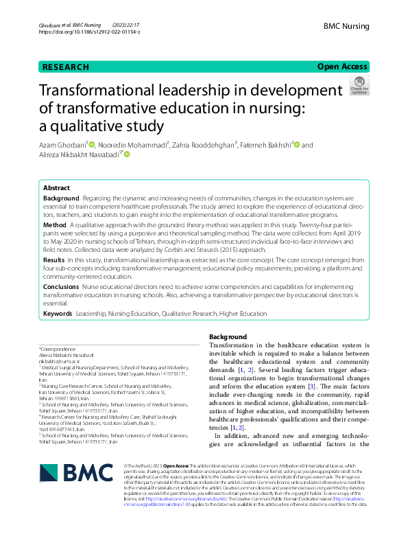 (PDF) Transformational leadership in development of transformative education in nursing: a ...