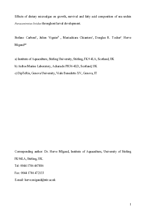 (PDF) Effects of dietary microalgae on growth, survival and fatty acid composition of sea urchin ...