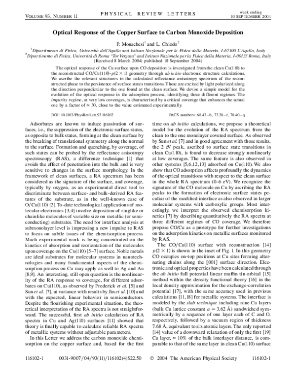 (PDF) Optical Response of the Copper Surface to Carbon Monoxide Deposition
