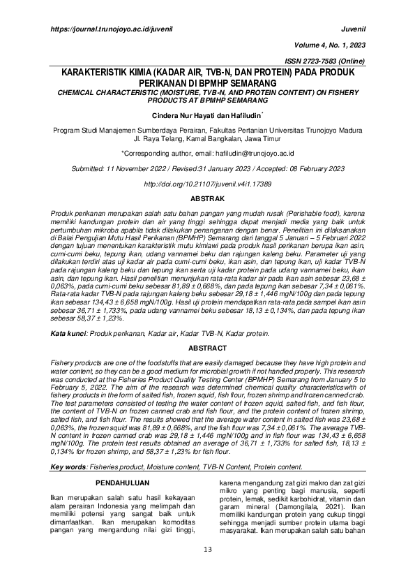 (PDF) Karakteristik Kimia (Kadar Air, TVB-N, dan Protein) pada Produk Perikanan di BPMHP Semarang