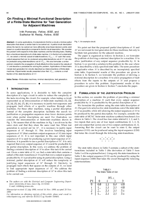 Pdf On Finding A Minimal Functional Description Of A Finite State Machine For Test Generation
