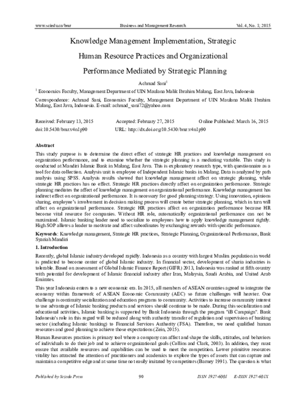 (PDF) Knowledge Management Implementation, Strategic Human Resource Practices and Organizational ...