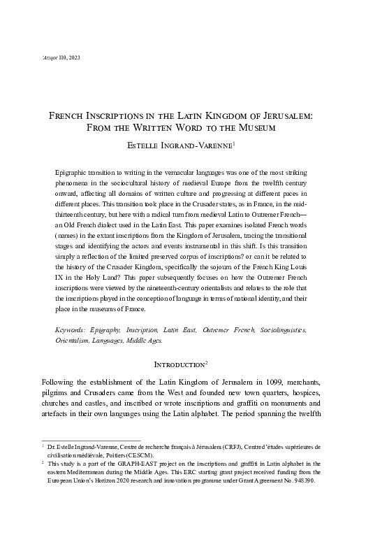 (PDF) French Inscriptions in the Latin Kingdom of Jerusalem: From the ...