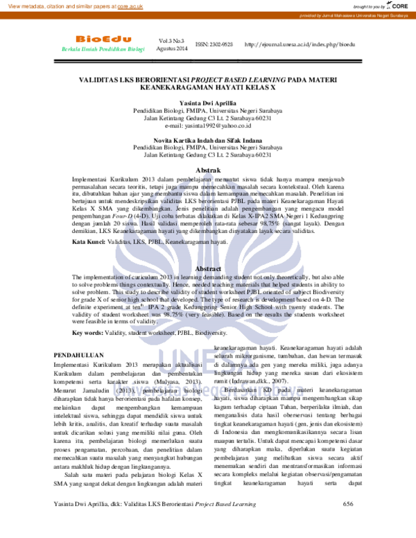 (PDF) Validitas LKS Berorientasi Project Based Learning Pada Materi Keanekaragaman Hayati Kelas X