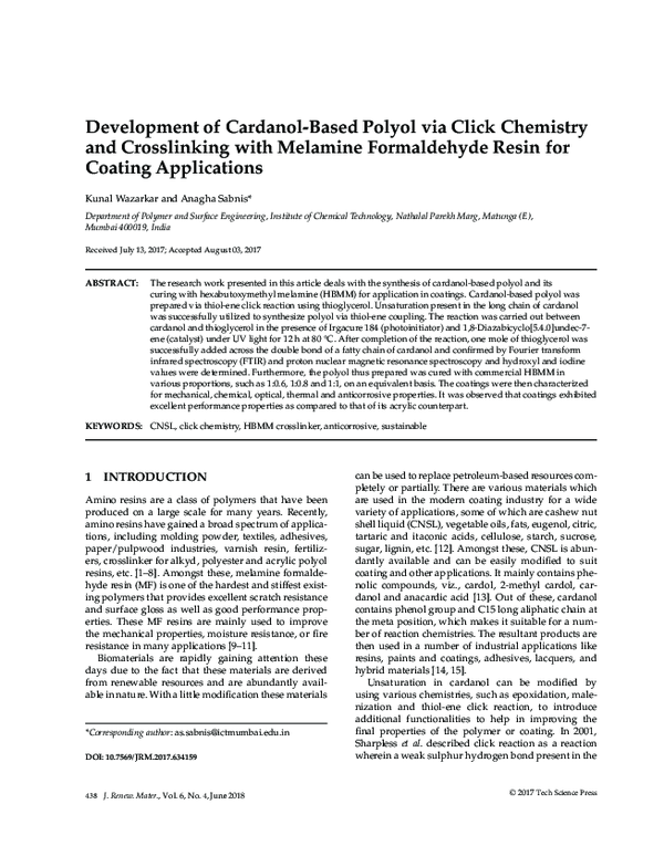 (PDF) Development of Cardanol-Based Polyol via Click Chemistry and ...