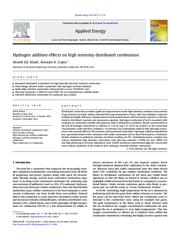 (PDF) Hydrogen addition effects on high intensity distributed combustion