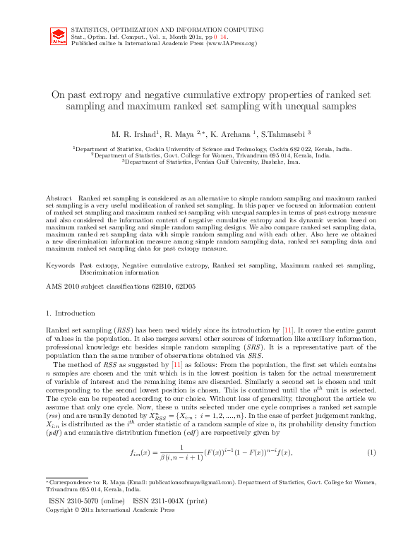 (PDF) On past extropy and negative cumulative extropy properties of ranked set sampling and ...